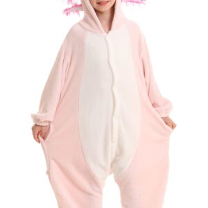 DELEY Unisex Pink Axolotl Onesie Kid Pajamas, Flannel Animal One Piece Costume Sleepwear Halloween Cosplay Homewear