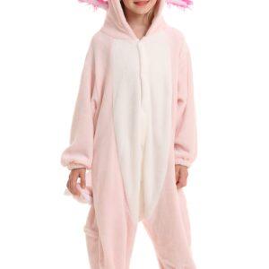 DELEY Unisex Pink Axolotl Onesie Kid Pajamas, Flannel Animal One Piece Costume Sleepwear Halloween Cosplay Homewear