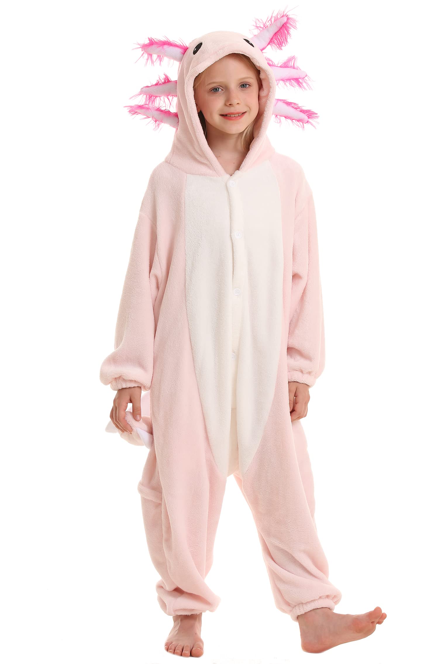 DELEY Unisex Pink Axolotl Onesie Kid Pajamas, Flannel Animal One Piece Costume Sleepwear Halloween Cosplay Homewear