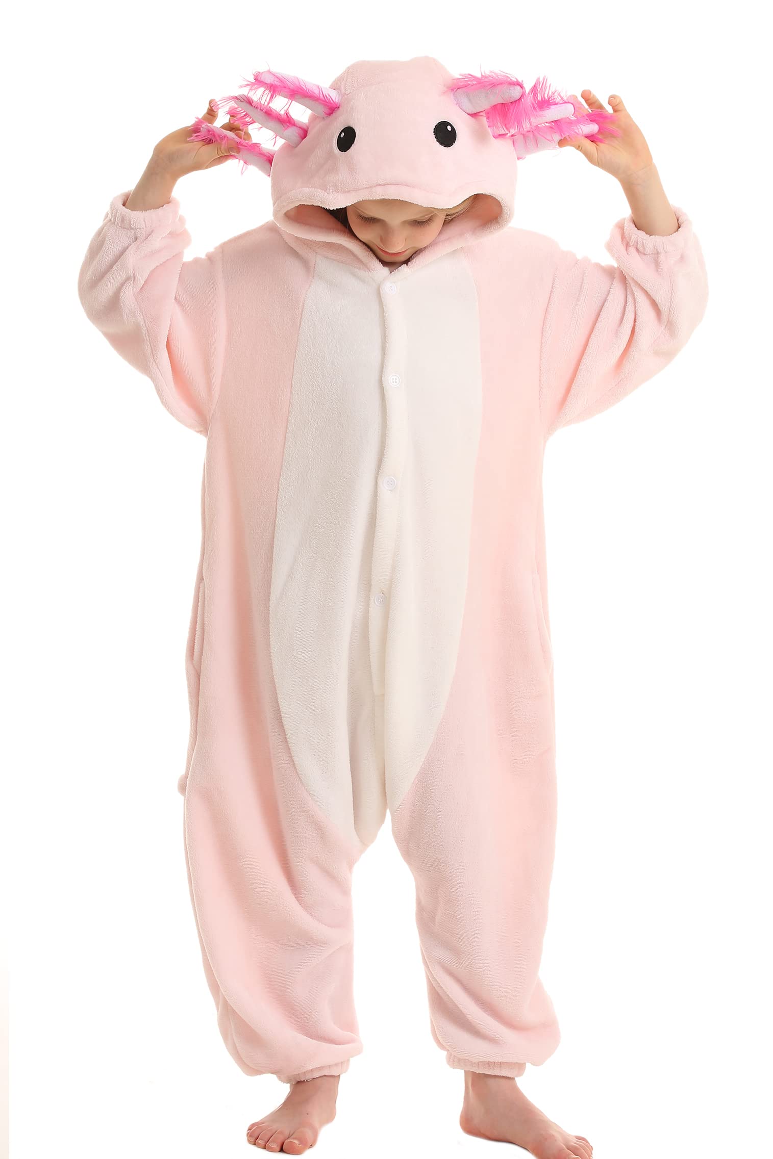 DELEY Unisex Pink Axolotl Onesie Kid Pajamas, Flannel Animal One Piece Costume Sleepwear Halloween Cosplay Homewear