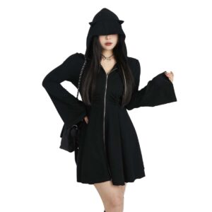 mlafe gothic hooded little black dress autumn and winter waist hooded sweater dress doll sleeve slim dress harajuku dress (s)