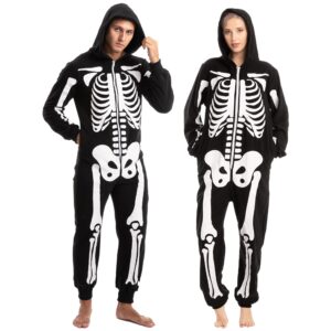 spooktacular creations unisex skeleton jumpsuit pajama plush skeleton jumpsuit zippered halloween hoody pajama for adult sleepwear costume(small) black