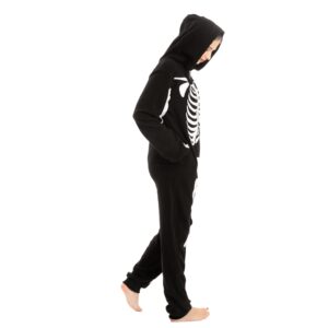 Spooktacular Creations Unisex Skeleton jumpsuit Pajama Plush Skeleton Jumpsuit Zippered Halloween Hoody Pajama for Adult Sleepwear Costume(Small) Black