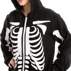 Spooktacular Creations Unisex Skeleton jumpsuit Pajama Plush Skeleton Jumpsuit Zippered Halloween Hoody Pajama for Adult Sleepwear Costume(Small) Black