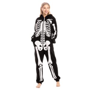 Spooktacular Creations Unisex Skeleton jumpsuit Pajama Plush Skeleton Jumpsuit Zippered Halloween Hoody Pajama for Adult Sleepwear Costume(Small) Black