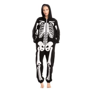 Spooktacular Creations Unisex Skeleton jumpsuit Pajama Plush Skeleton Jumpsuit Zippered Halloween Hoody Pajama for Adult Sleepwear Costume(Small) Black