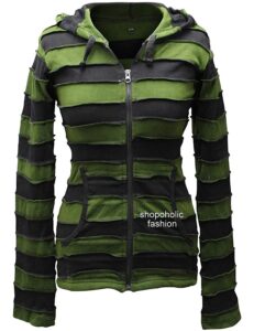 shopoholic fashion women pixie zip up hoodie striped hippie jacket sweater [2xl,green black]