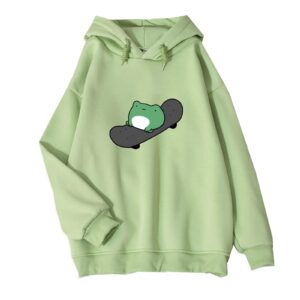 keevici women's cute sweatshirts frog skateboard long sleeve casual hoodie pullover tops (green,asian l)