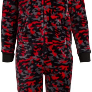 ONLY BOYS’ Fleece Hooded One Piece Pajama Costume - Sharks Dino Cyclopes Sloth (6-14), Size 12-14, Red/Black Camo Ninja