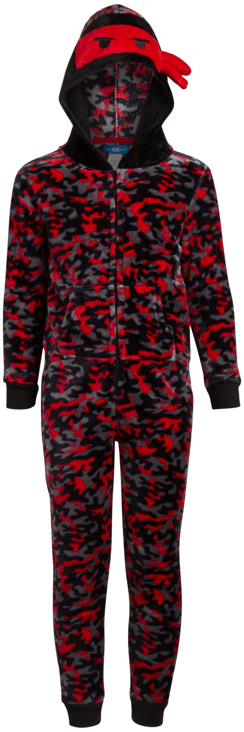 ONLY BOYS’ Fleece Hooded One Piece Pajama Costume - Sharks Dino Cyclopes Sloth (6-14), Size 12-14, Red/Black Camo Ninja