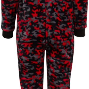 ONLY BOYS’ Fleece Hooded One Piece Pajama Costume - Sharks Dino Cyclopes Sloth (6-14), Size 12-14, Red/Black Camo Ninja