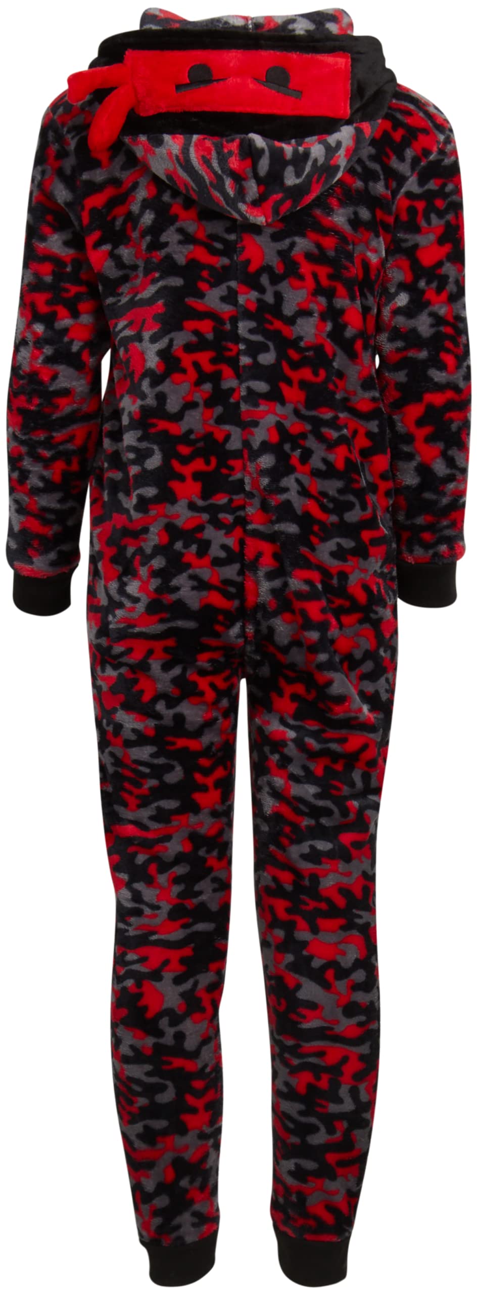 ONLY BOYS’ Fleece Hooded One Piece Pajama Costume - Sharks Dino Cyclopes Sloth (6-14), Size 12-14, Red/Black Camo Ninja