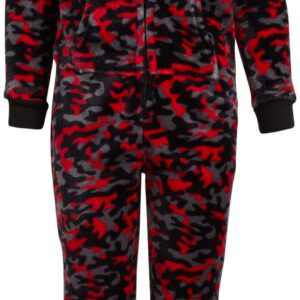 ONLY BOYS’ Fleece Hooded One Piece Pajama Costume - Sharks Dino Cyclopes Sloth (6-14), Size 12-14, Red/Black Camo Ninja