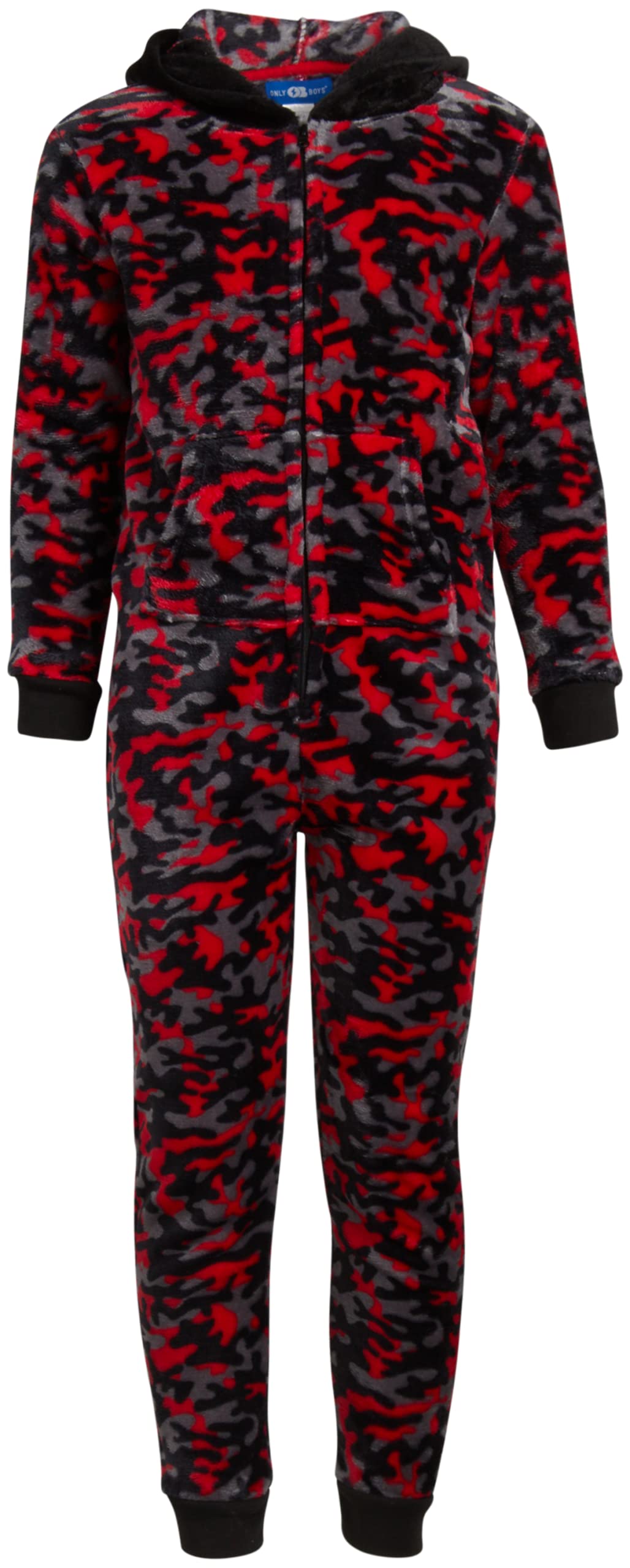 ONLY BOYS’ Fleece Hooded One Piece Pajama Costume - Sharks Dino Cyclopes Sloth (6-14), Size 12-14, Red/Black Camo Ninja