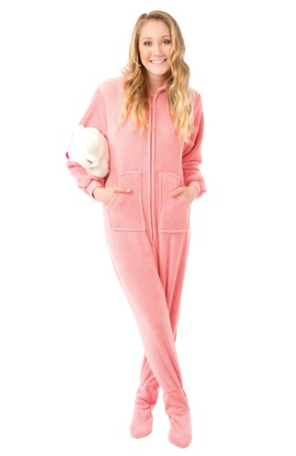 One Piece Hooded Plush Footed Pajamas Onesie for Men & Women Pink