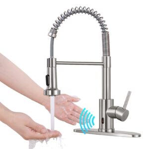 hgn touchless kitchen faucet with pull down sprayer, motion spring sink faucets with 10'' deck plate,single handle spring kitchen sink faucet,brush nickel