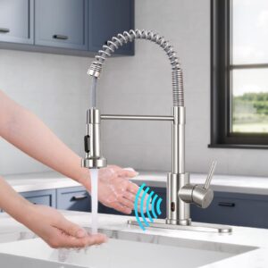 HGN Touchless Kitchen Faucet with Pull Down Sprayer, Motion Spring Sink Faucets with 10'' Deck Plate,Single Handle Spring Kitchen Sink Faucet,Brush Nickel