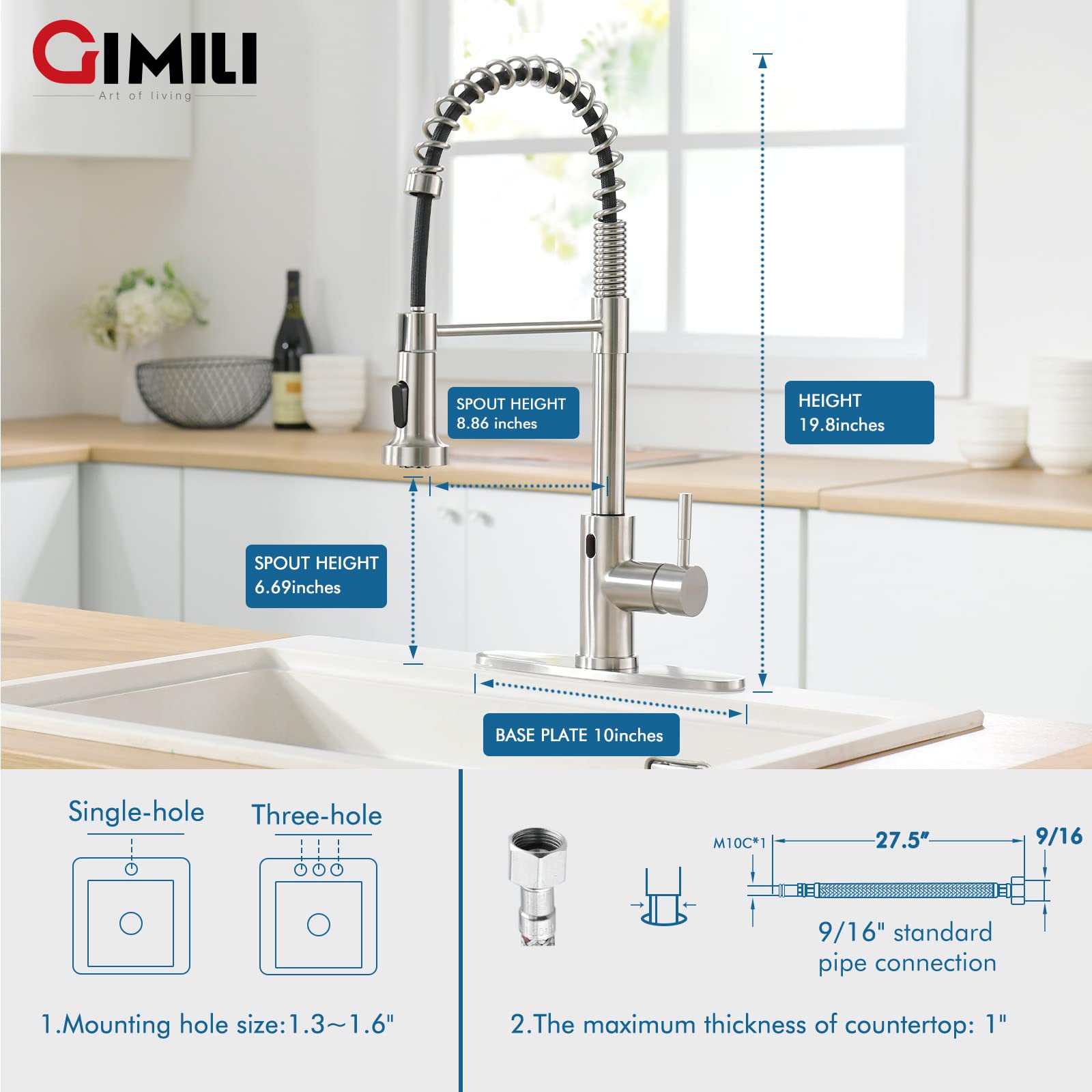 GIMILI Touchless Kitchen Faucet with Pull Down Sprayer Motion Sensor Smart Activated Hands Free Single Handle Spring Brushed Nickel Kitchen Sink Faucet