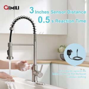 GIMILI Touchless Kitchen Faucet with AC Adapter, Smart Motion Sensor Hands Free Single Handle Kitchen Sink Faucet with Pull Down Sprayer, Brushed Nickel