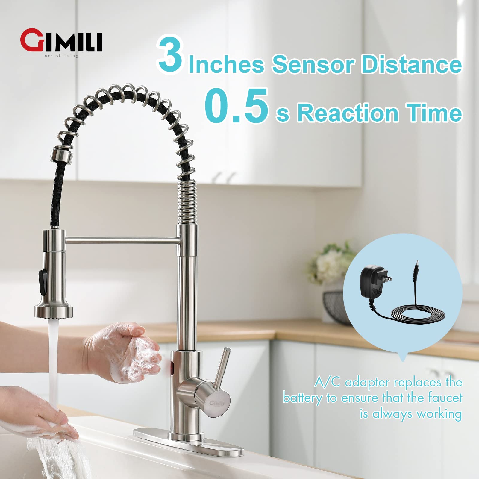 GIMILI Touchless Kitchen Faucet with AC Adapter, Smart Motion Sensor Hands Free Single Handle Kitchen Sink Faucet with Pull Down Sprayer, Brushed Nickel