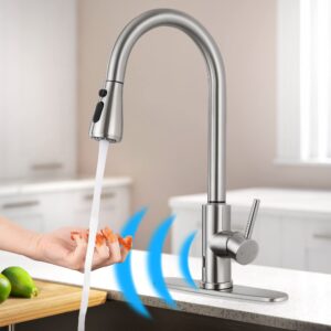 qomolangma touchless kitchen faucet with pull down sprayer, motion single handle kitchen sink faucet with pull out sprayer, stainless steel, fingerprint resistant, brushed nickel