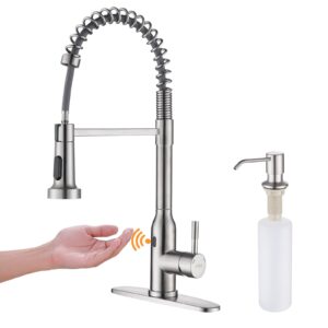 touchless kitchen faucet,keer smart motion sensor hands free single handle spring kitchen sink faucet with pull down sprayer,brushed nickel