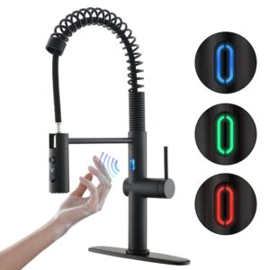 owofan touchless kitchen faucet with pull down sprayer led light single handle kitchen sink faucet motion sensor smart hands-free, stainless steel black 1075r