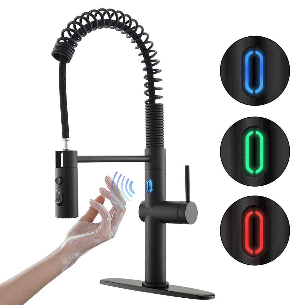 OWOFAN Touchless Kitchen Faucet with Pull Down Sprayer LED Light Single Handle Kitchen Sink Faucet Motion Sensor Smart Hands-Free, Stainless Steel Black 1075R