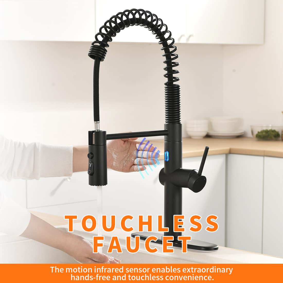 OWOFAN Touchless Kitchen Faucet with Pull Down Sprayer LED Light Single Handle Kitchen Sink Faucet Motion Sensor Smart Hands-Free, Stainless Steel Black 1075R