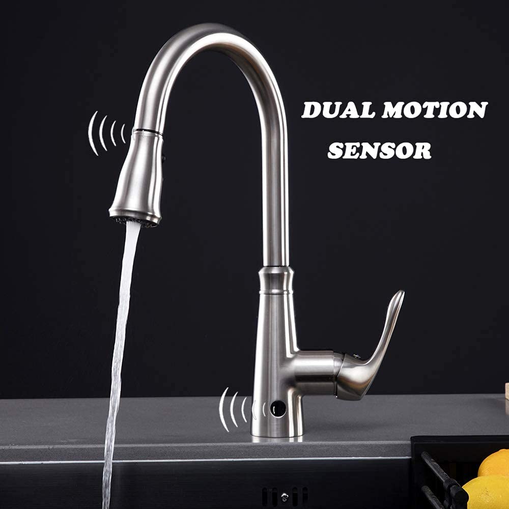 Touchless Kitchen Faucet with PullDown Sprayer,20 Single Kitchen Sink Faucets Black Pull Out Sprayer,High Arc Pulldown Single Handle for Motion Sensor 3 Hole Deck Mount (MJ-Brushed Nickel)