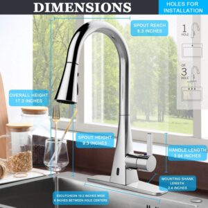 Touchless Kitchen Faucet, ANBSR Kitchen Sink Faucet with Pull Down Sprayer, High Arc Pulldown Single Handle for Motion Sensor, One Hole and 3 Hole 3 Setting Polished Chrome Touch Kitchen Faucet