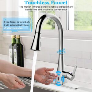 Touchless Kitchen Faucet, ANBSR Kitchen Sink Faucet with Pull Down Sprayer, High Arc Pulldown Single Handle for Motion Sensor, One Hole and 3 Hole 3 Setting Polished Chrome Touch Kitchen Faucet