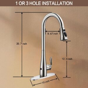 Touchless Kitchen Faucet with Pull Down Sprayer Brushed Nickel, Single Handle Motion Pull Out Kitchen Sink Faucet,One Hole/Three Hole 3-Function Kitchen Faucets,Stainless Steel