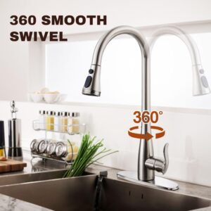 Touchless Kitchen Faucet with Pull Down Sprayer Brushed Nickel, Single Handle Motion Pull Out Kitchen Sink Faucet,One Hole/Three Hole 3-Function Kitchen Faucets,Stainless Steel