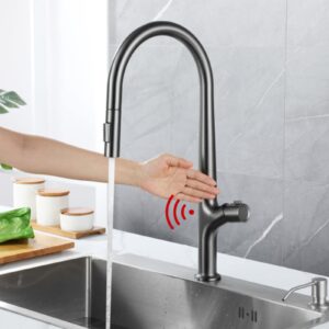 yalsfowe touchless kitchen faucet gun gray, kitchen faucet with pull down sprayer, kitchen mixer tap, motion sensor smart activated kitchen faucet, smart kitchen sink faucets, brass