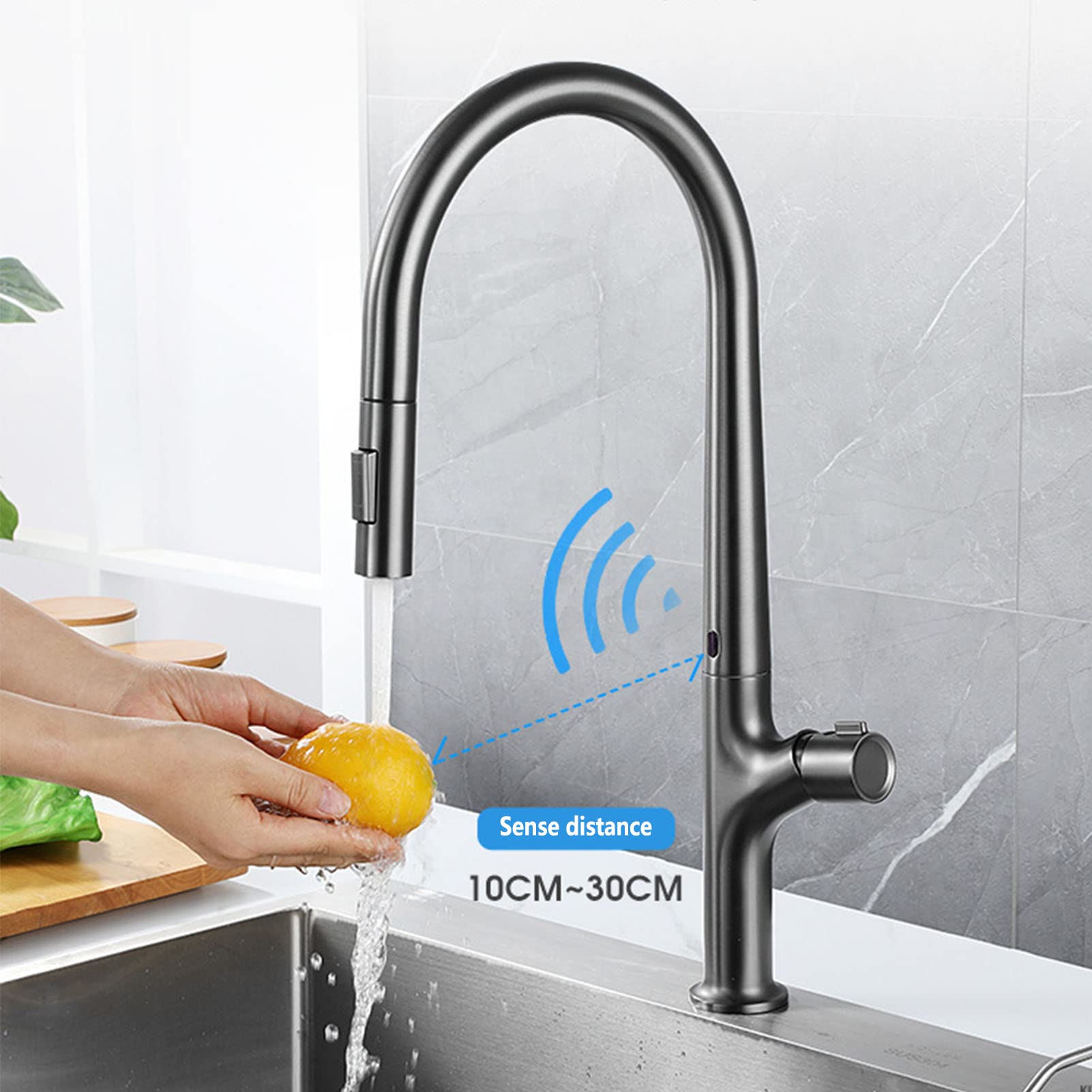 Yalsfowe Touchless Kitchen Faucet Gun Gray, Kitchen Faucet with Pull Down Sprayer, Kitchen Mixer Tap, Motion Sensor Smart Activated Kitchen Faucet, Smart Kitchen Sink Faucets, Brass