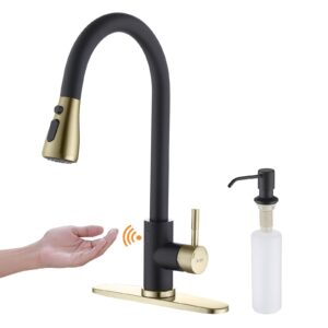 touchless kitchen faucet with pull down sprayer, motion sensor kitchen faucet with kitchen soap dispenser, single handle high arc pull out faucet for kitchen sink rv kitchen,black and polished chrome