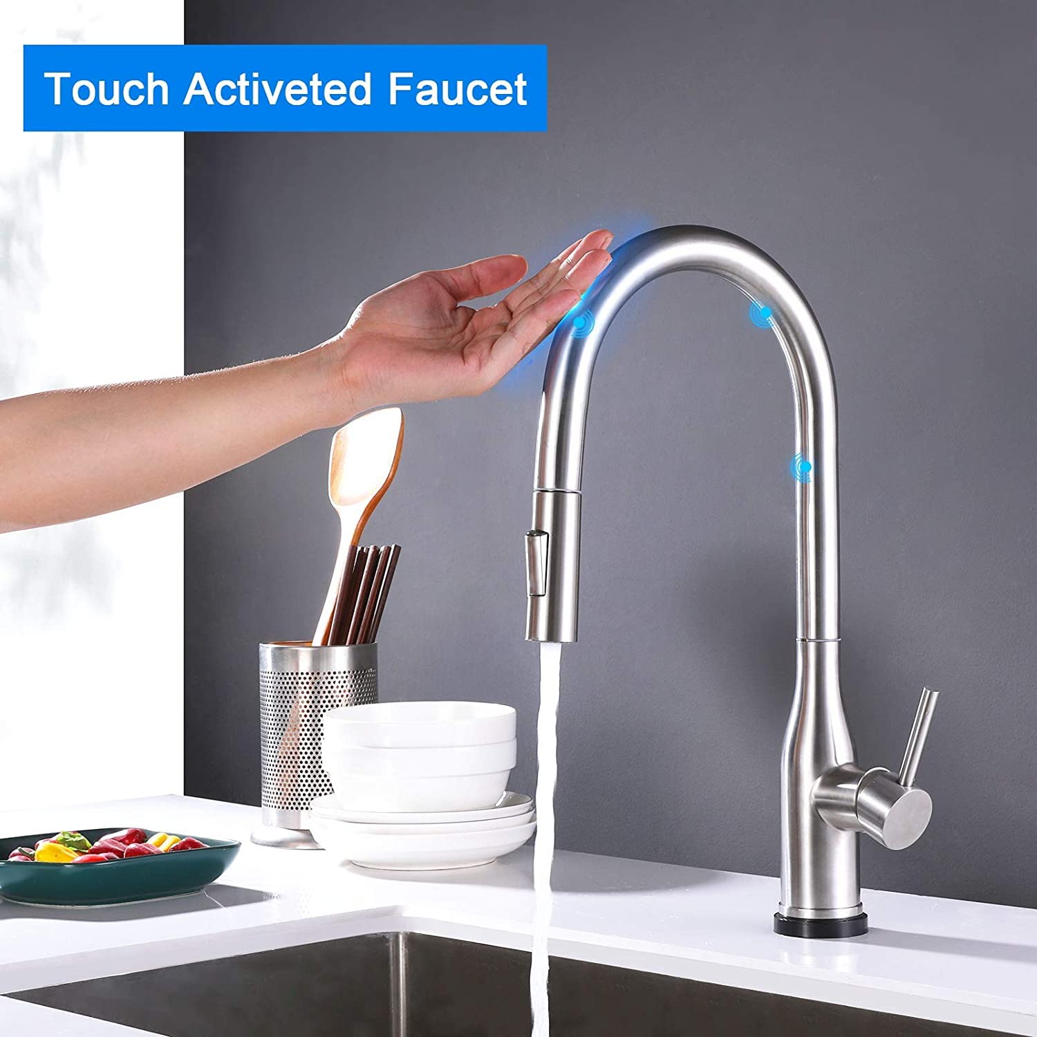 Touchless Kitchen Faucet,Touch Faucet for Kitchen Sink with Pull Down Sprayer, Kitchen Sink Faucets with Pull Out Sprayer,Brushed Nickel Stainless Steel Kitchen Faucets