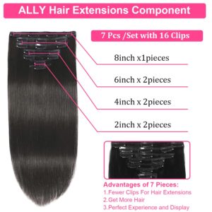 ALLY Clip in Hair Extensions Real Human Hair 100% Brazilian Remy Human Hair Clip in Hair Extensions for Black Women Seamless Straight Clip ins Soft & Natural (#1B Natural Black 16inch 80g)