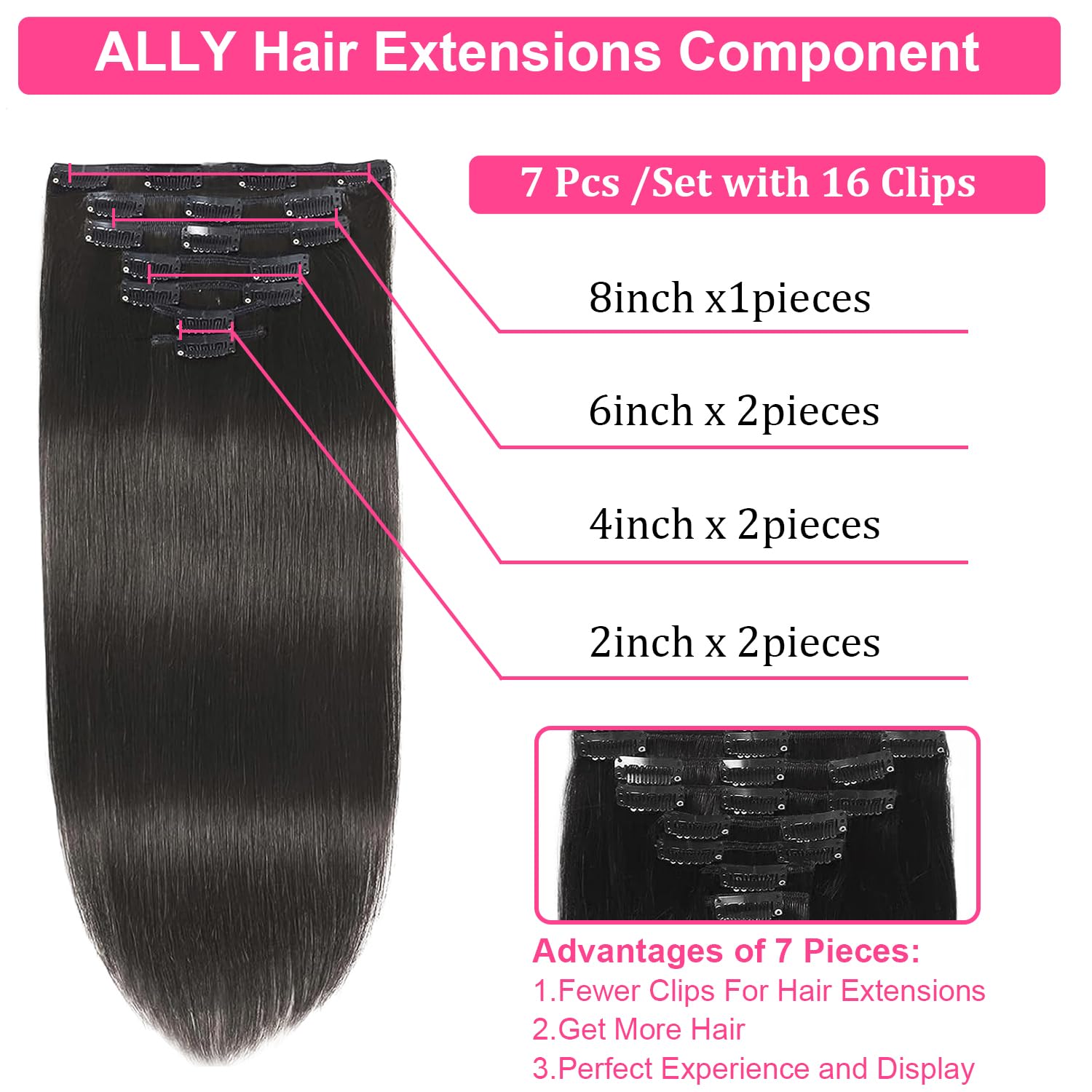 ALLY Clip in Hair Extensions Real Human Hair 100% Brazilian Remy Human Hair Clip in Hair Extensions for Black Women Seamless Straight Clip ins Soft & Natural (#1B Natural Black 16inch 80g)