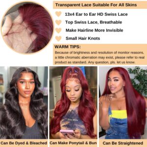 AOSUN 99j Burgundy Lace Front Wigs Human Hair Glueless Wine Red Colored Body Wave Wigs Pre Plucked with Baby Hair 180 Density 13x4 HD Transparent Frontal Wigs for Women