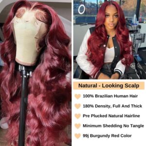 AOSUN 99j Burgundy Lace Front Wigs Human Hair Glueless Wine Red Colored Body Wave Wigs Pre Plucked with Baby Hair 180 Density 13x4 HD Transparent Frontal Wigs for Women