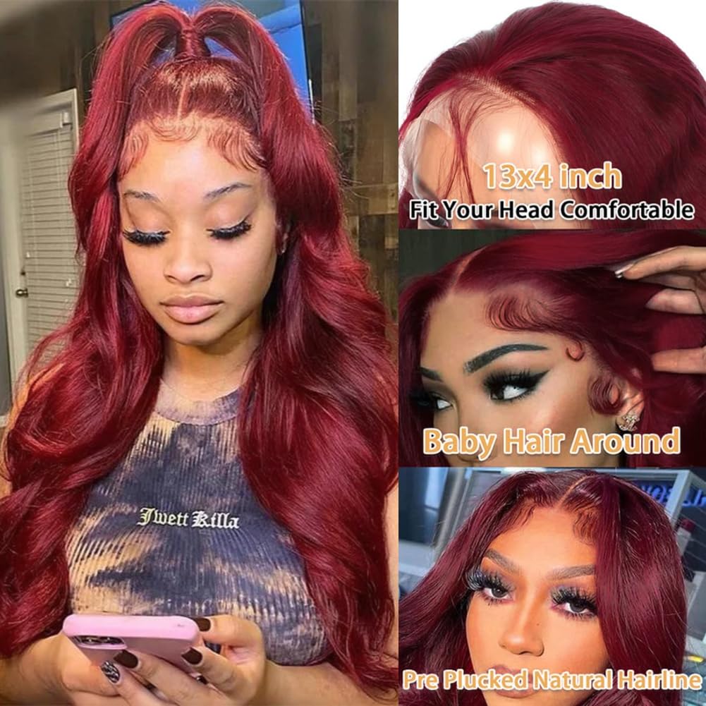 AOSUN 99j Burgundy Lace Front Wigs Human Hair Glueless Wine Red Colored Body Wave Wigs Pre Plucked with Baby Hair 180 Density 13x4 HD Transparent Frontal Wigs for Women