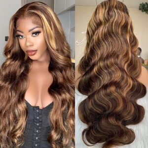 TXIXS 28 Inch Honey Blonde Lace Front Wig Human Hair 13x4 Ombre Lace Front Wig Human Hair Pre Plucked with Baby Hair 180% Highlight Glueless Lace Front Wigs Human Hair Body Wave Lace Frontal Wigs