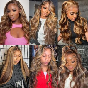 TXIXS 28 Inch Honey Blonde Lace Front Wig Human Hair 13x4 Ombre Lace Front Wig Human Hair Pre Plucked with Baby Hair 180% Highlight Glueless Lace Front Wigs Human Hair Body Wave Lace Frontal Wigs