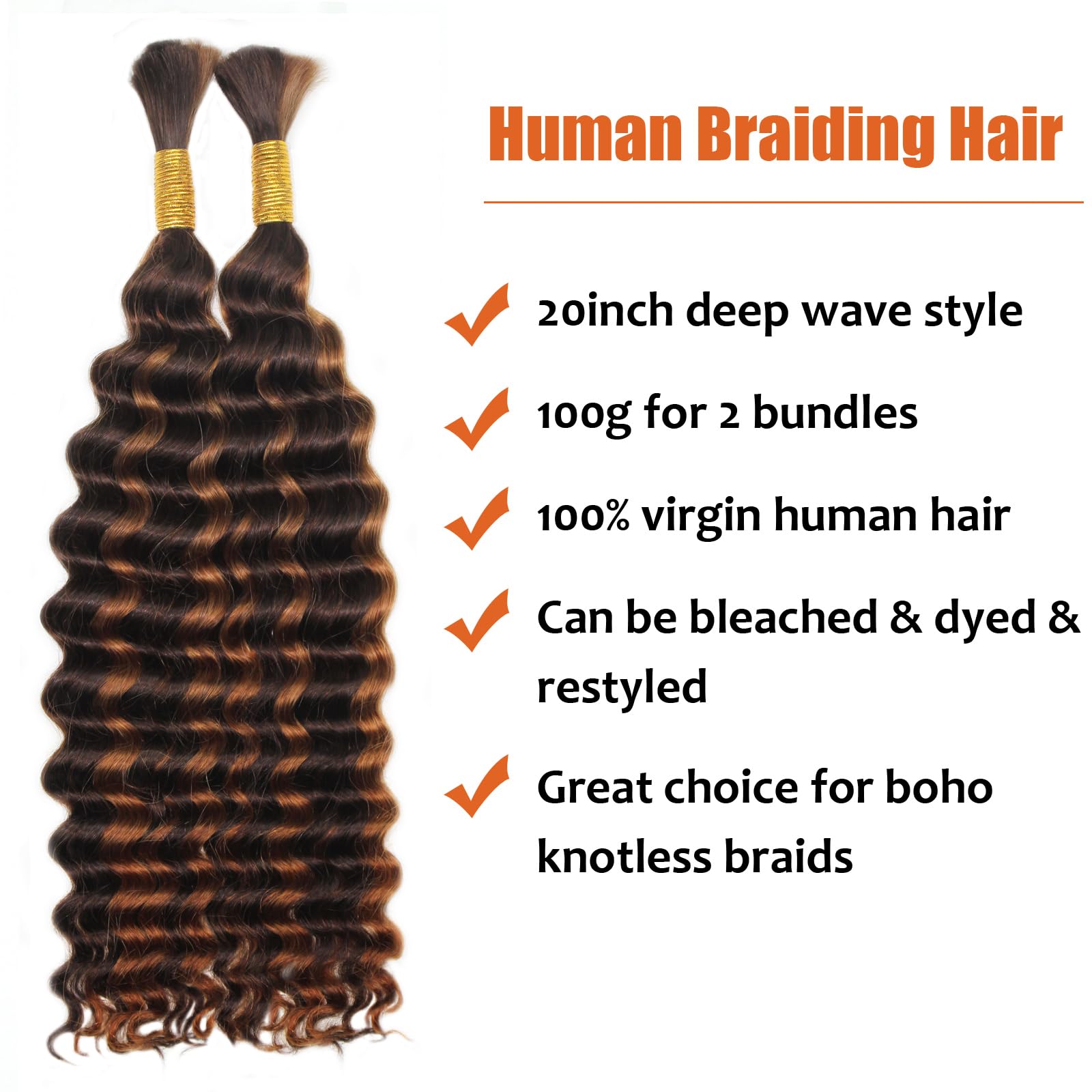 Bulk Deep Wave Virgin Braiding Hair for Bohemian Knotless Boho Braids - No Weft, 100% Human Hair Bundles for Braiding (20inch, 100g, 4/30)