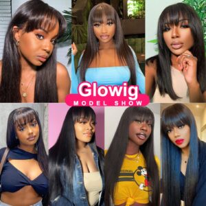 Glowig Straight Human Hair Wigs With Bangs Brazilian Virgin None Lace Front Wigs Glueless Machine Made For Women Wigs (150% Density,Natural Black, 16 inch)