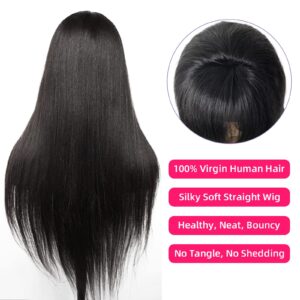 Glowig Straight Human Hair Wigs With Bangs Brazilian Virgin None Lace Front Wigs Glueless Machine Made For Women Wigs (150% Density,Natural Black, 16 inch)