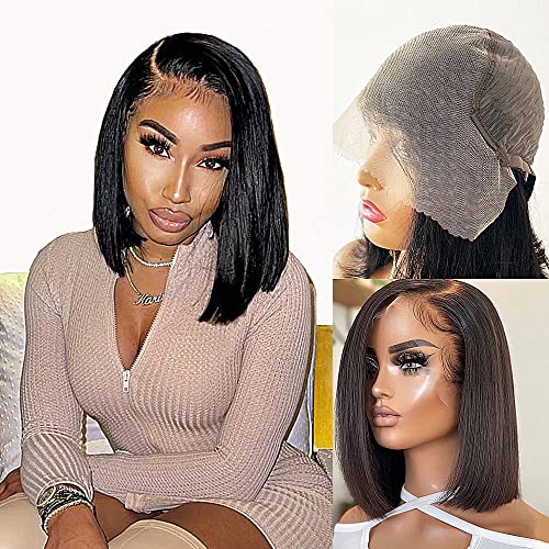 Karlami 12 Inch 13X6 Bob Wig Human Hair Frontal Lace Wig Glueless Wig 150% Density Straight Short Bob Wigs for Black Women Deep Side Part Bob Wig Transparent Lace Wig