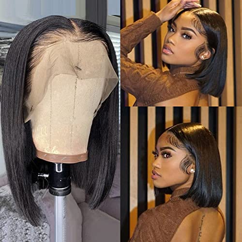 Karlami 12 Inch 13X6 Bob Wig Human Hair Frontal Lace Wig Glueless Wig 150% Density Straight Short Bob Wigs for Black Women Deep Side Part Bob Wig Transparent Lace Wig